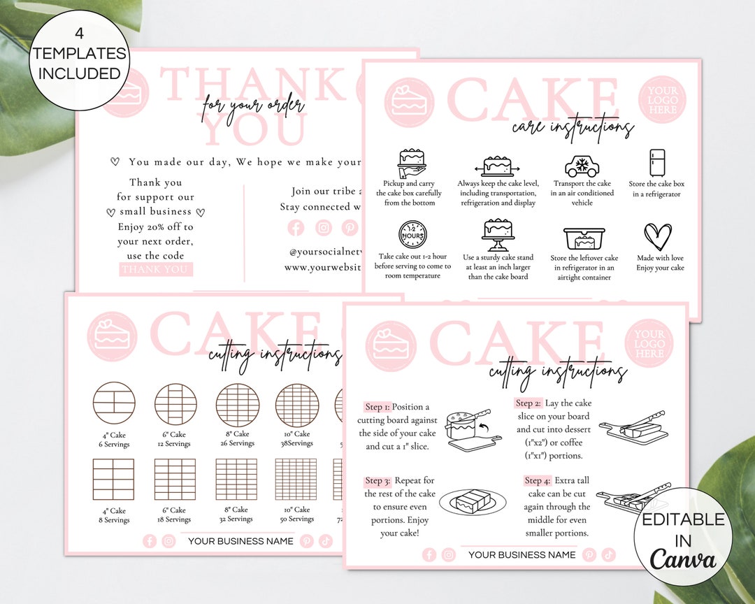 Cake Care Cards Bundle, Editable Cake Cutting Guide, Printable Bakery ...