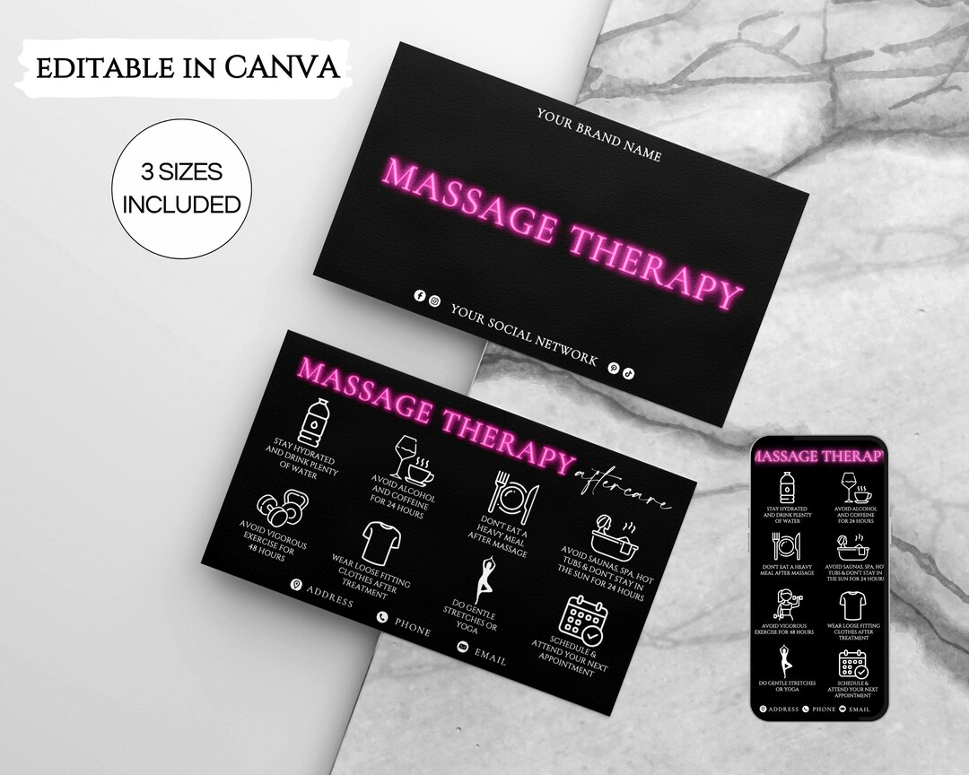 Editable Massage Therapy Aftercare Card Canva Template, Massage Therapy ...