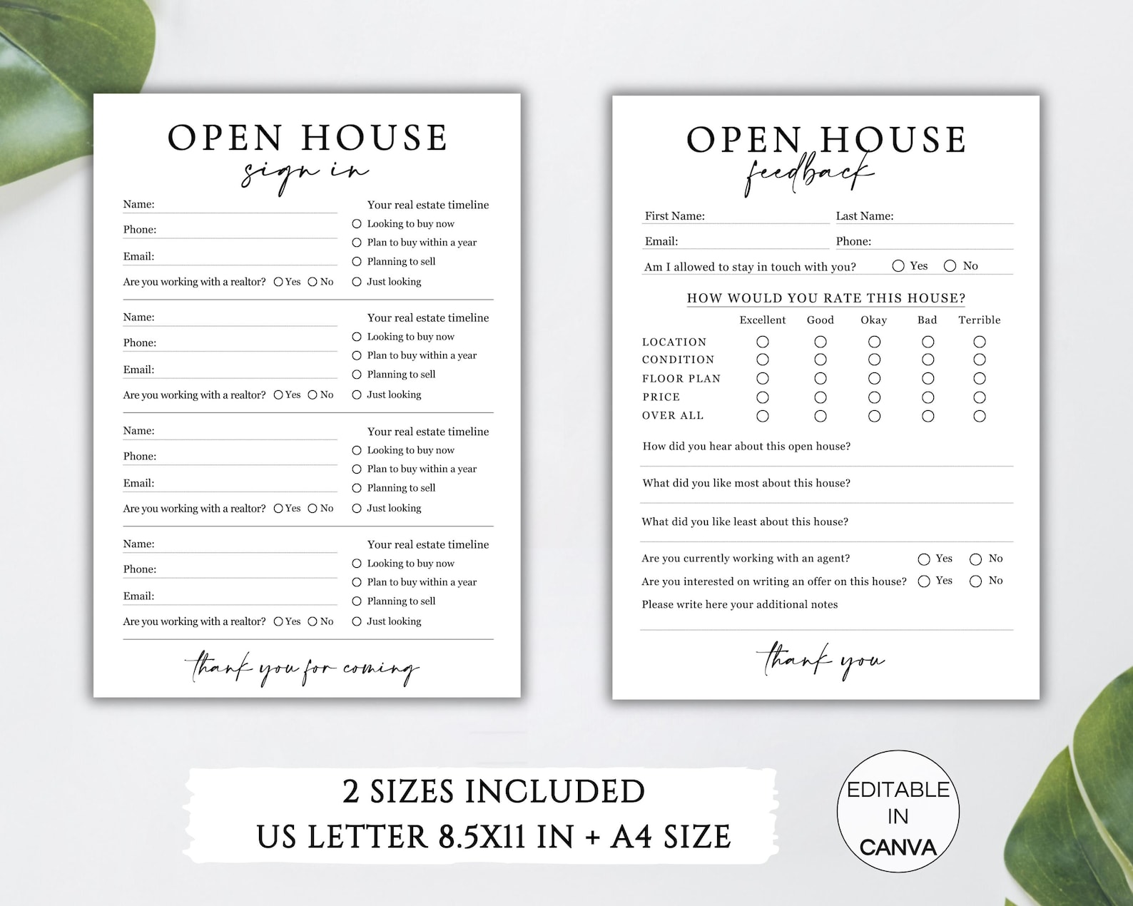Open House Feedback and Sign in Form Bundle, Printable Realtor Forms ...