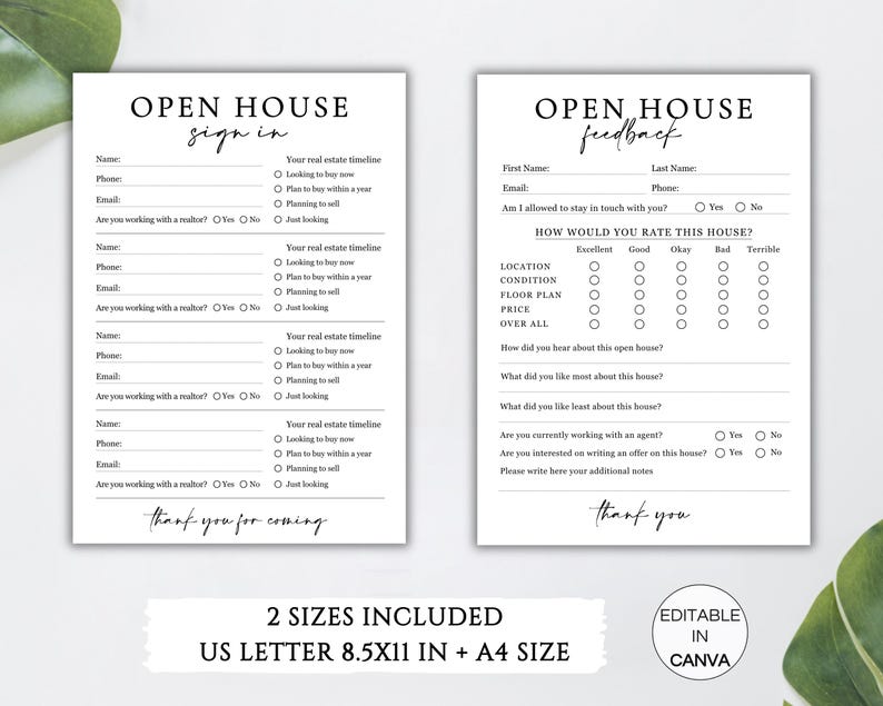 Open House Feedback and Sign in Form Bundle, Printable Realtor Forms ...