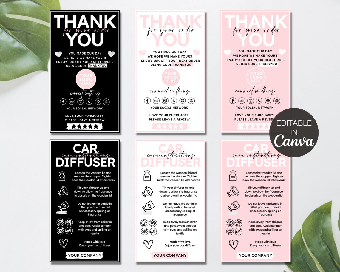 Editable Car Diffuser Care Card, Printable Car Diffuser Care Guide ...