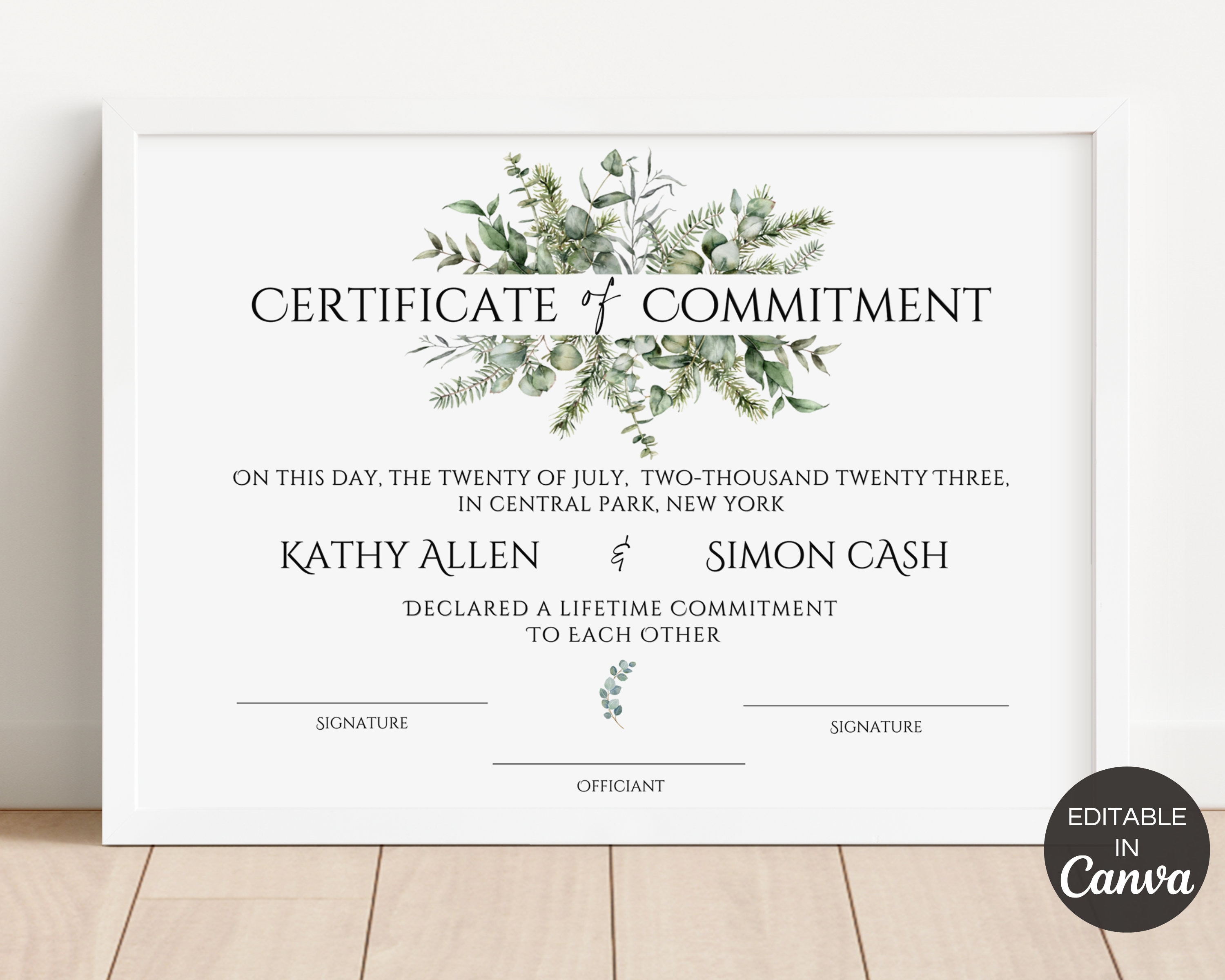 Certificate of Commitment, Printable Greenery Commitment Certificates ...