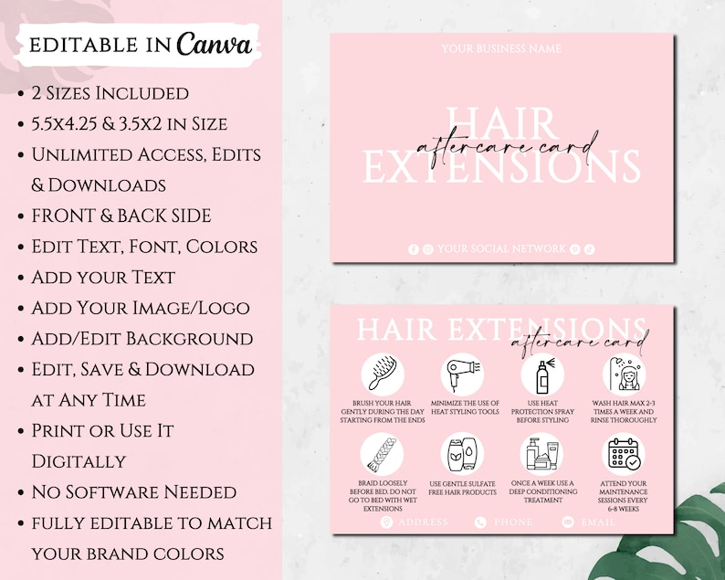 Hair Extensions Aftercare Card, Editable Hair Extension Care Cards ...