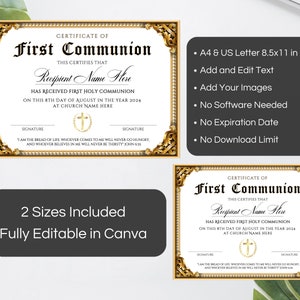 First Communion Certificate Template, Editable Religious Certificates ...