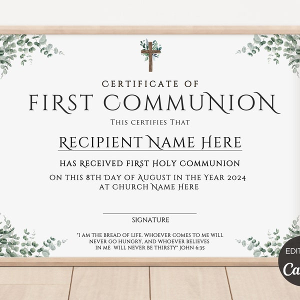 Holy Communion Certificate Template - Etsy