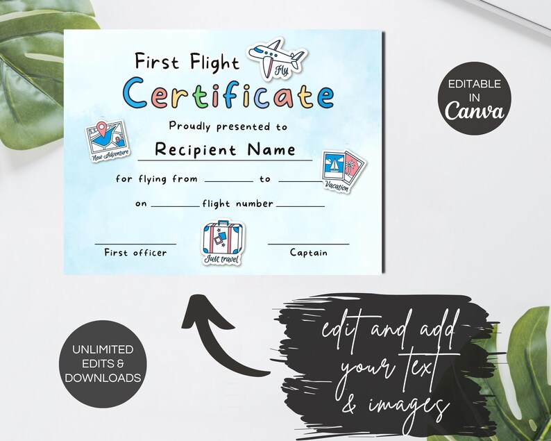 Editable First Flight Certificate Template, Toddler's Firstflight Award ...