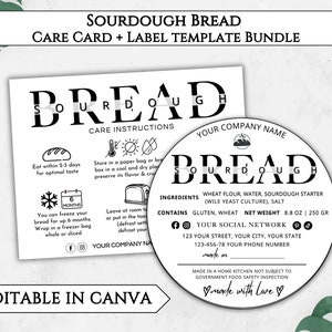Sourdough Bread Cottage Food Label, Editable Sourdough Bread Care Card ...