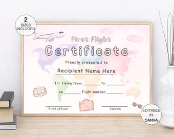 First Flight Certificate for Kids, Editable Toddler's First Flight ...