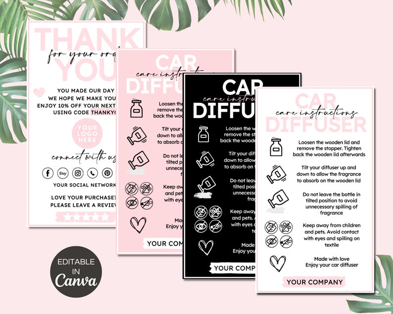 Editable Car Diffuser Care Card, Printable Car Diffuser Care Guide ...