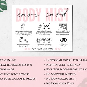 Body Mist Care Card Template, Editable Body Spray Care Instructions ...