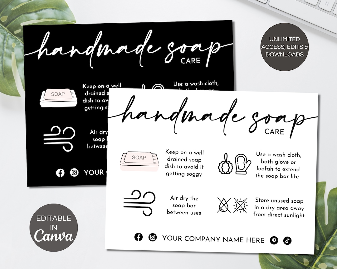 Handmade Soap Care Card Template, Editable Soap Instructions Cards ...