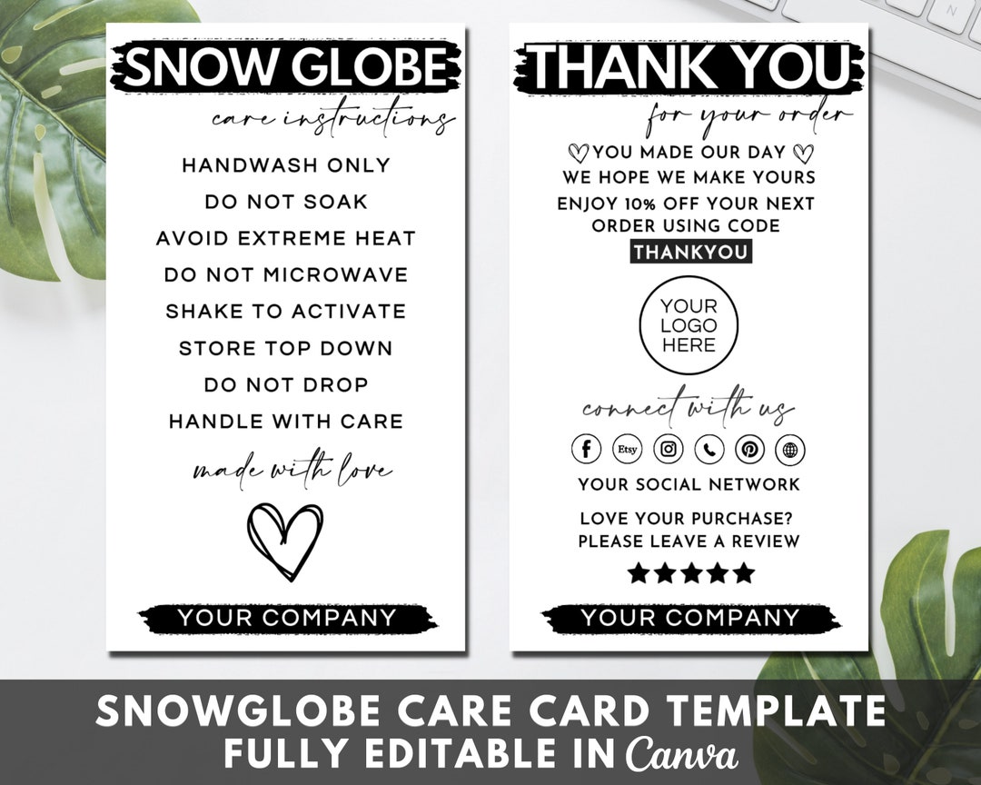 Snow Globe Care Card Canva Template, Editable Snowglobe Tumbler Care ...