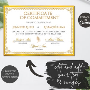 Commitment Certificate Template, Editable Certificate of Commitment ...