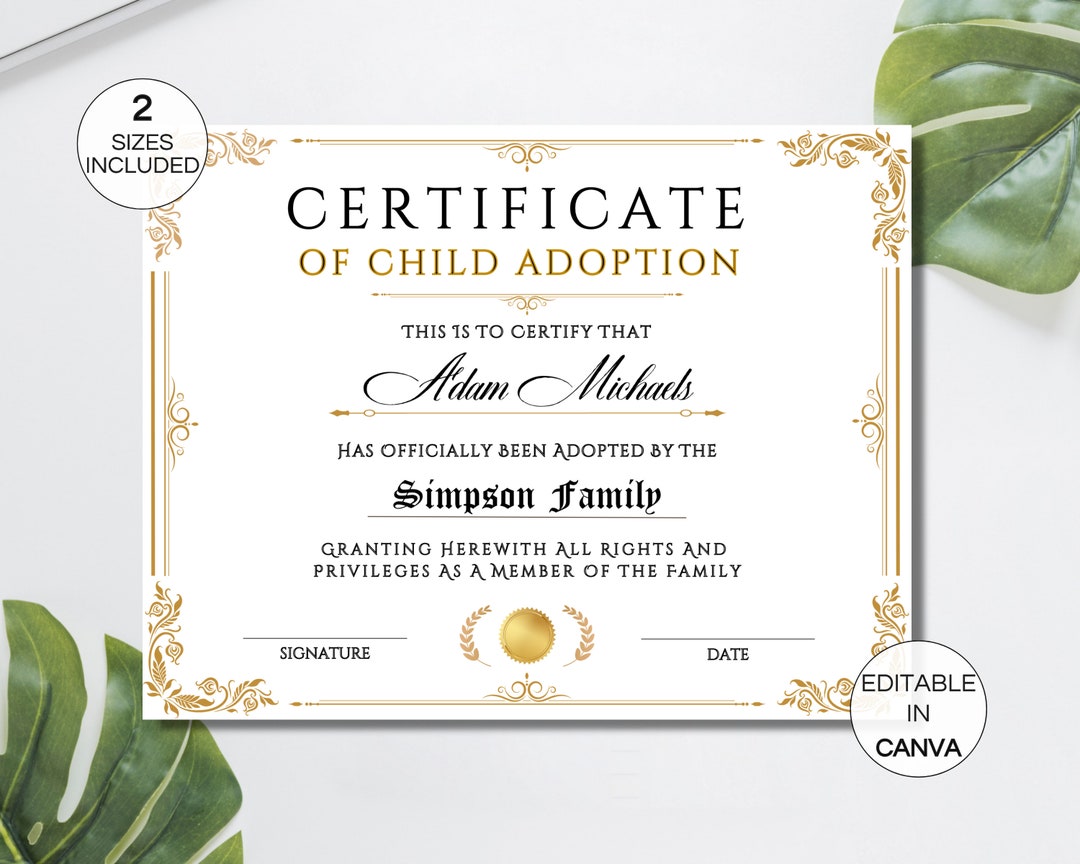 Certificate of Child Adoption, Editable Adoption to Our Family Canva ...