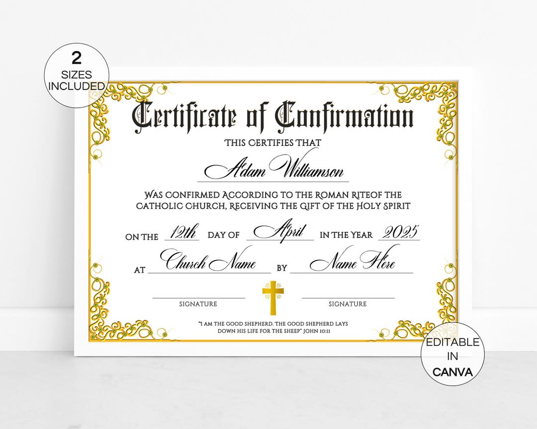 Editable Certificate of Confirmation, Religious Catholic Confirmation ...