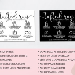 Tufted Rugs Care Card Template, Editable Tufted Rug Care Instructions ...