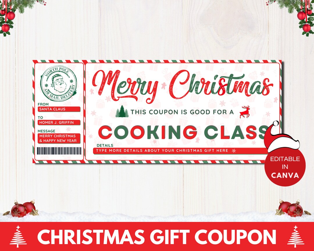 Christmas Cooking Class Coupon Canva Template, Editable Christmas Gift ...