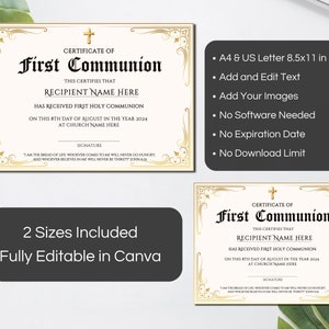 First Communion Certificate Template, Editable First Holy Communion ...