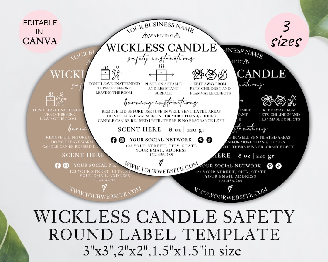 Wickless Candle Warning Label Template, Editable Candle Warning Sticker ...