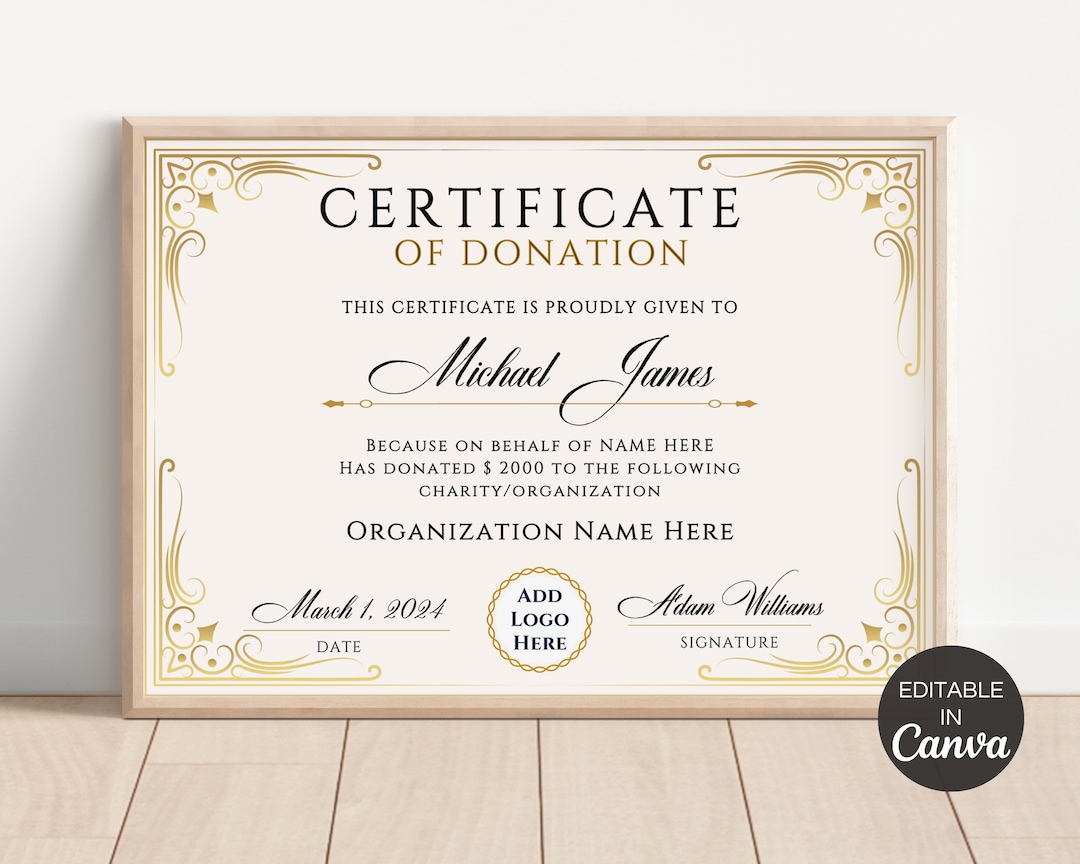 Editable Certificate of Donation Template, Printable Donation ...