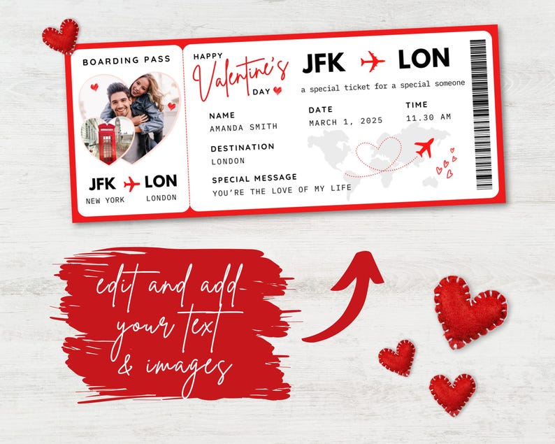 VALENTINE'S Boarding Pass, Printable Boarding Ticket, Editable Canva ...