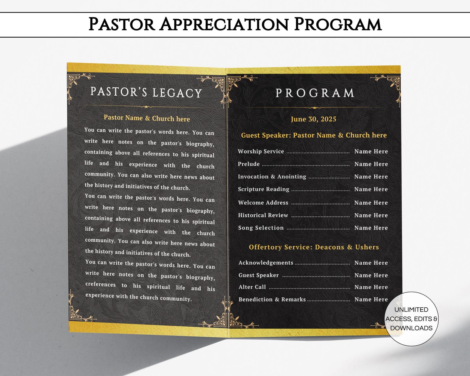 Pastor Appreciation Program Template, Editable Pastor Installation ...