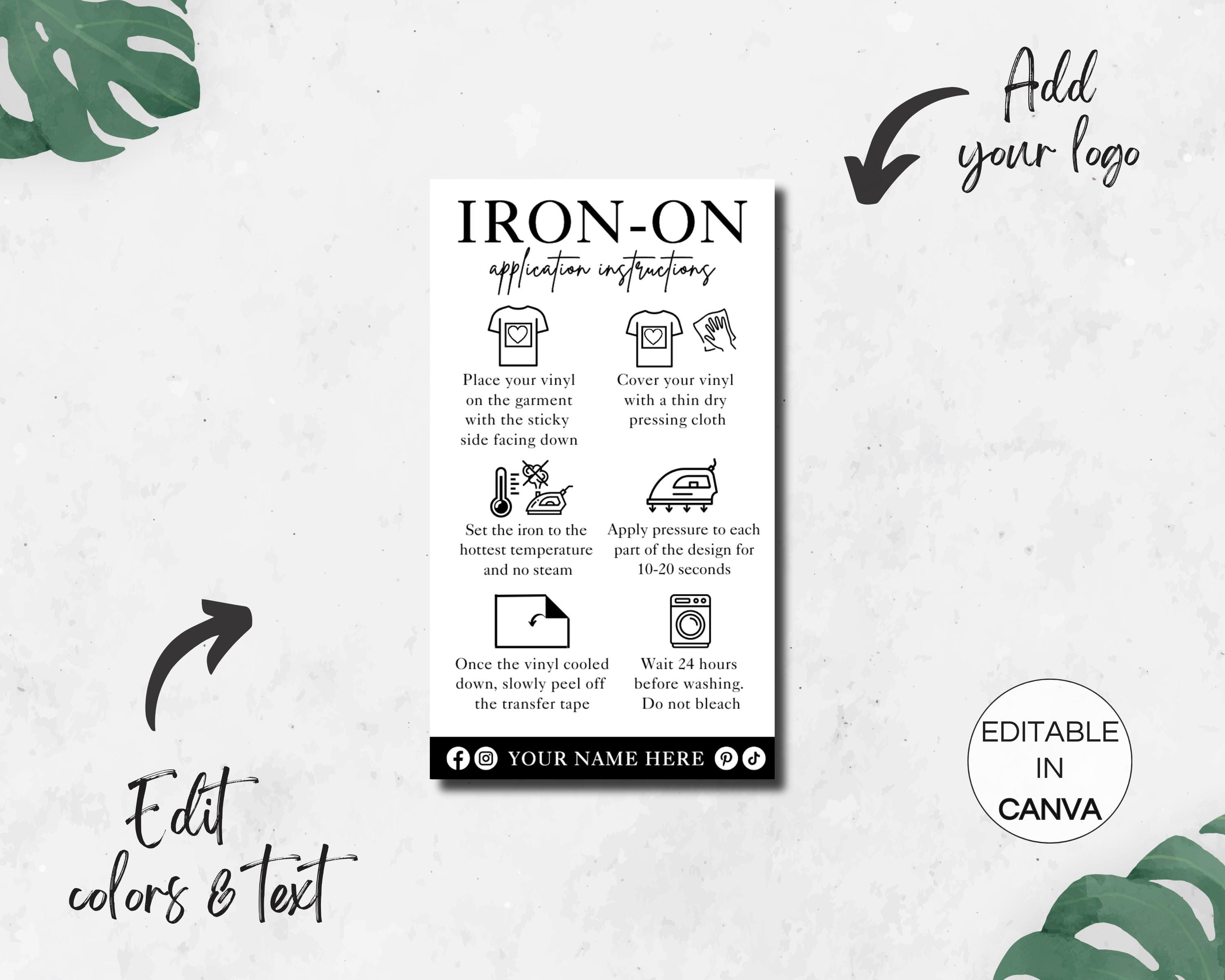 Iron-on Instructions Card, Printable Heat Transfer Vinyl Instructions ...