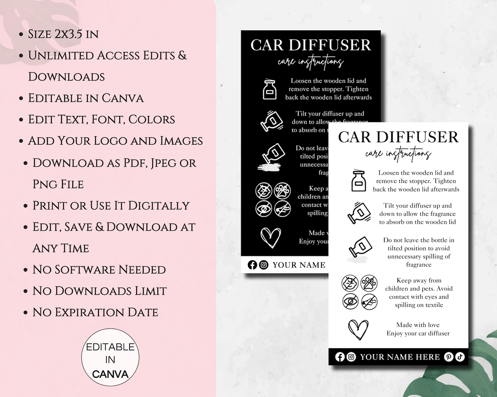 Car Diffuser Care Card Template: Editable Small Business Guide ...