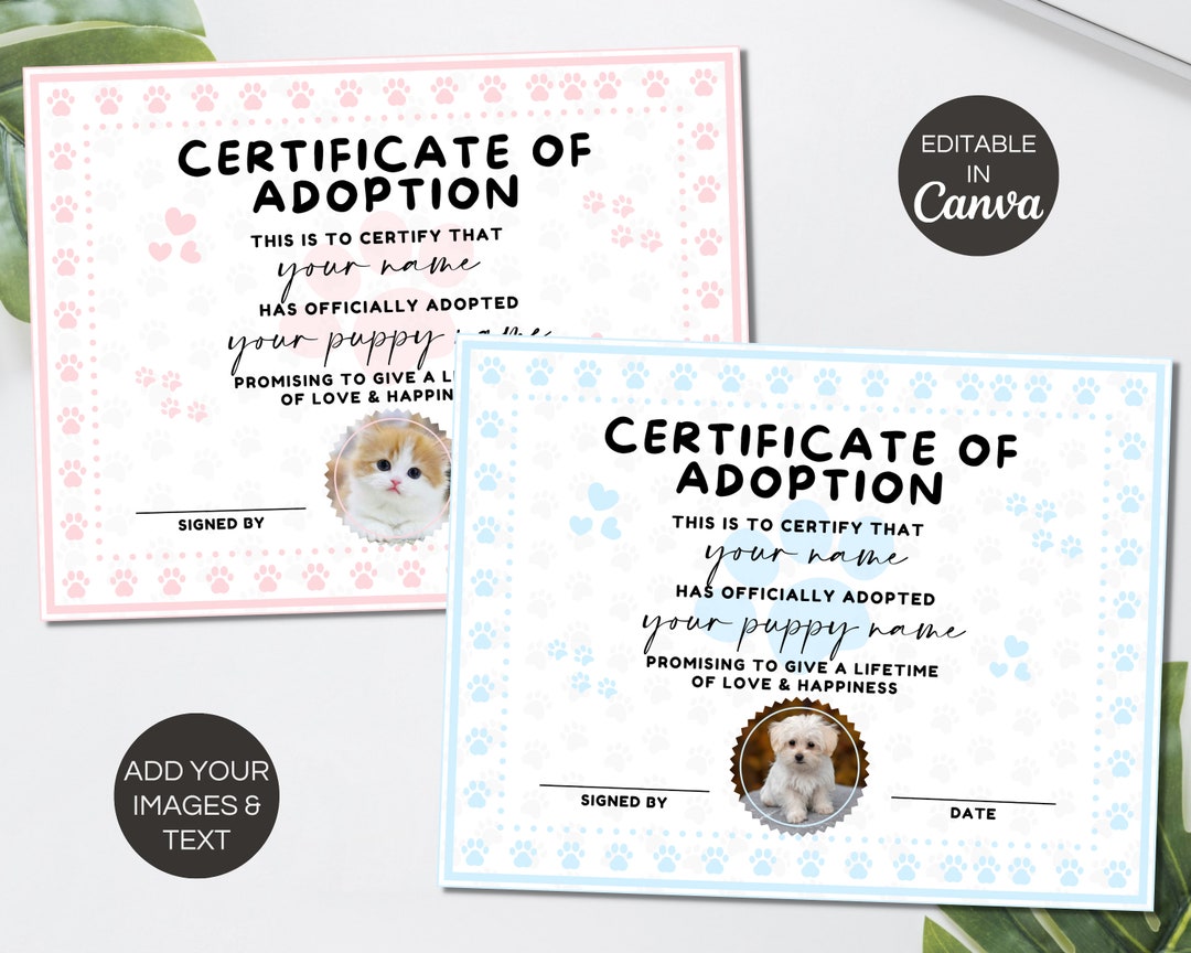 Editable Cat Dog Pet Adoption Certificate, Printable Pet Adoption Party ...