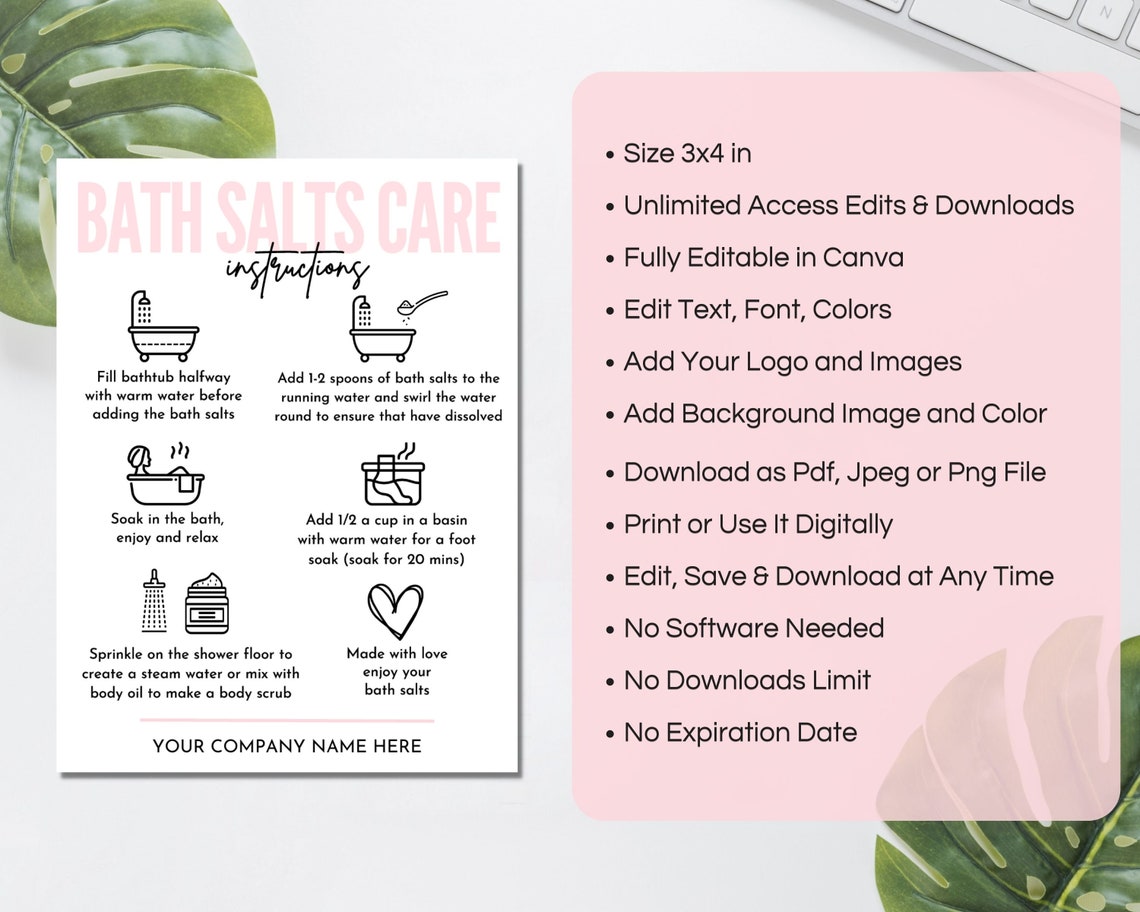 Bath Salts Care Card, Printable Bath Soak Instructions Guide Template ...