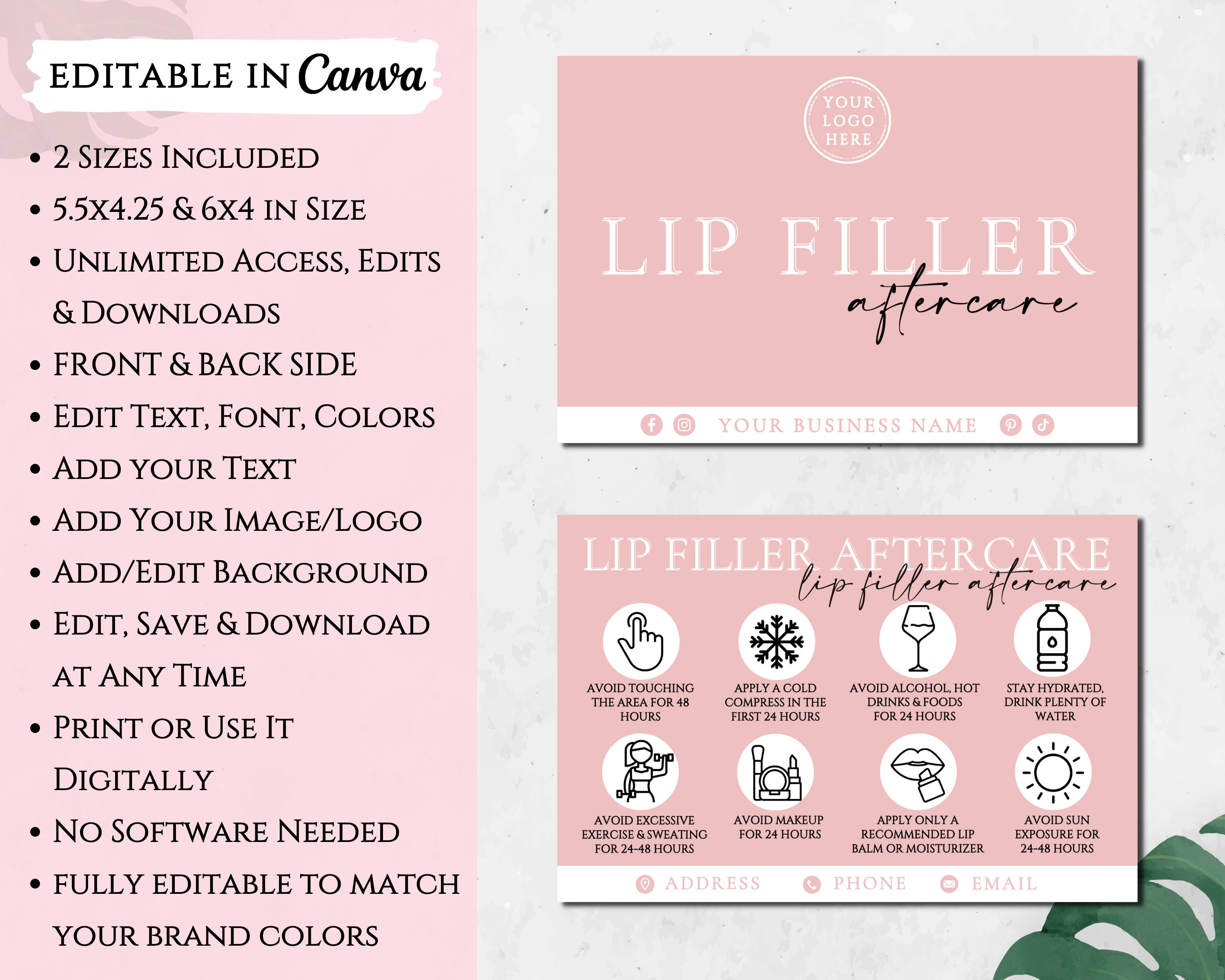 Lip Filler Aftercare Card, Editable Lip Injections Care Guide ...