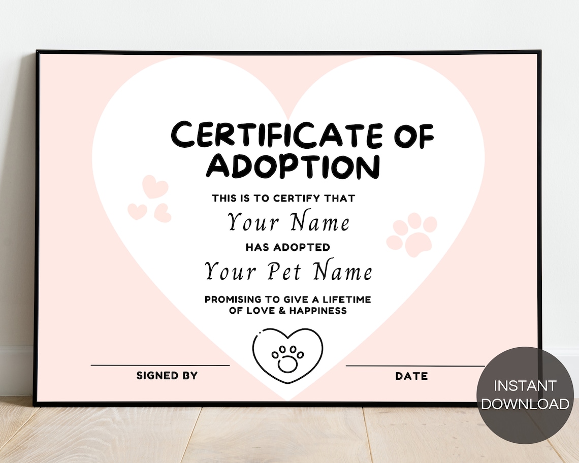 Pet Adoption Certificate Template Editable Certificate of | Etsy