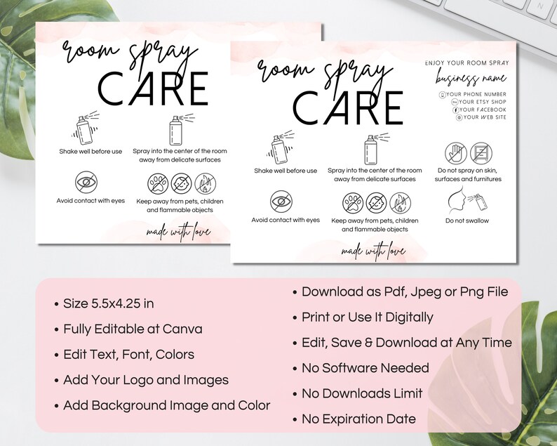 Room Spray Care Card Editable Room Spray Care Instructions - Etsy
