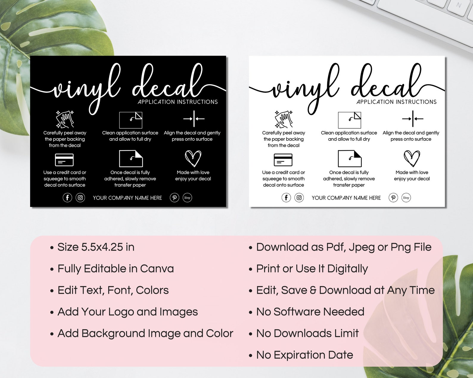 Vinyl Decal Application Instructions Card, Printable Vinyl Care Cards ...