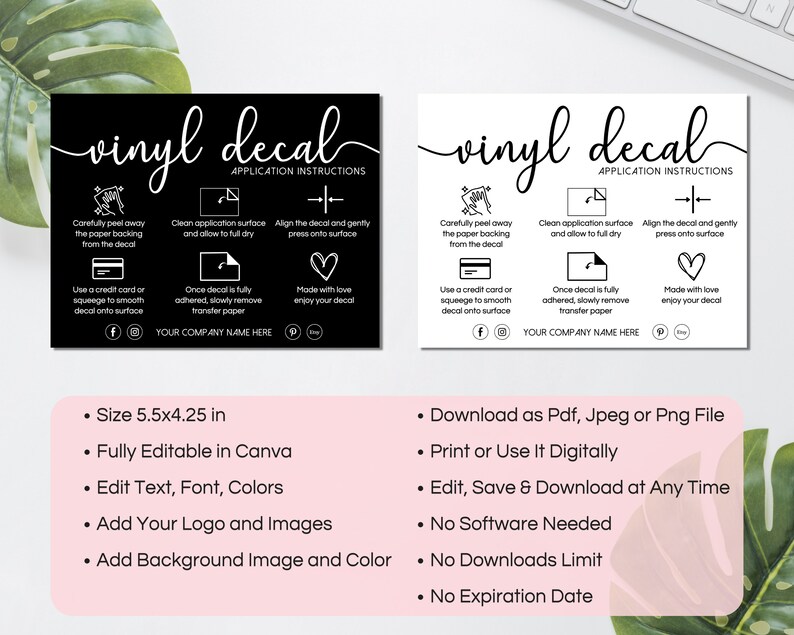 Vinyl Decal Application Instructions Card, Editable Vinyl Care Card ...