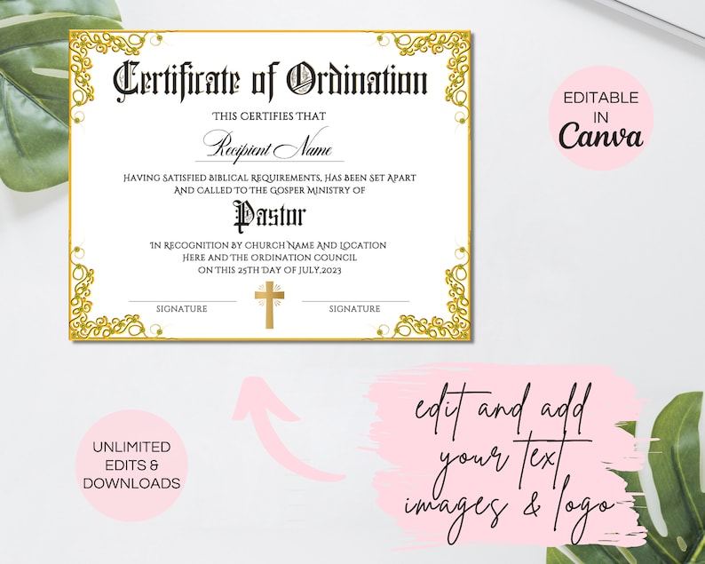 Pastor Ordination Certificate Template, Editable Certificate of ...