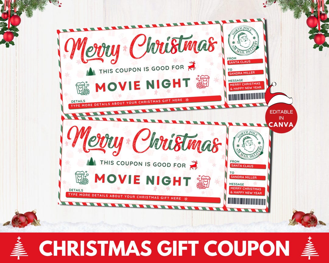 Christmas Movie Night Coupon Template, Editable Xmas Movie Night ...