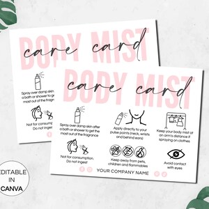 Body Mist Care Card Template, Editable Body Spray Care Instructions ...