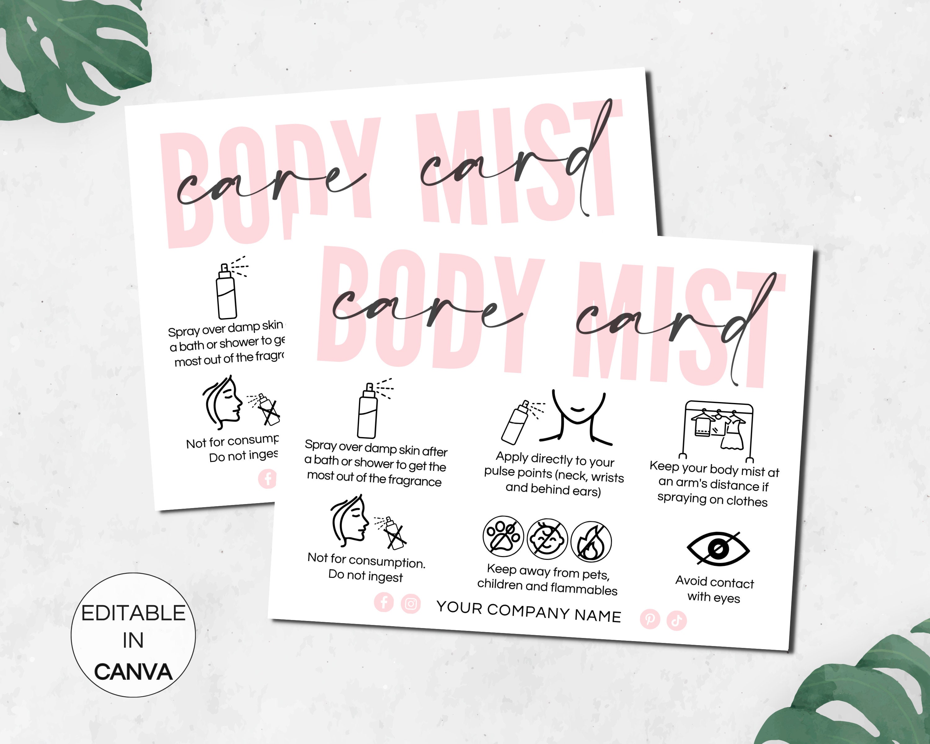 Body Mist Care Card, Printable Body Spray Instructions Cards, Editable ...