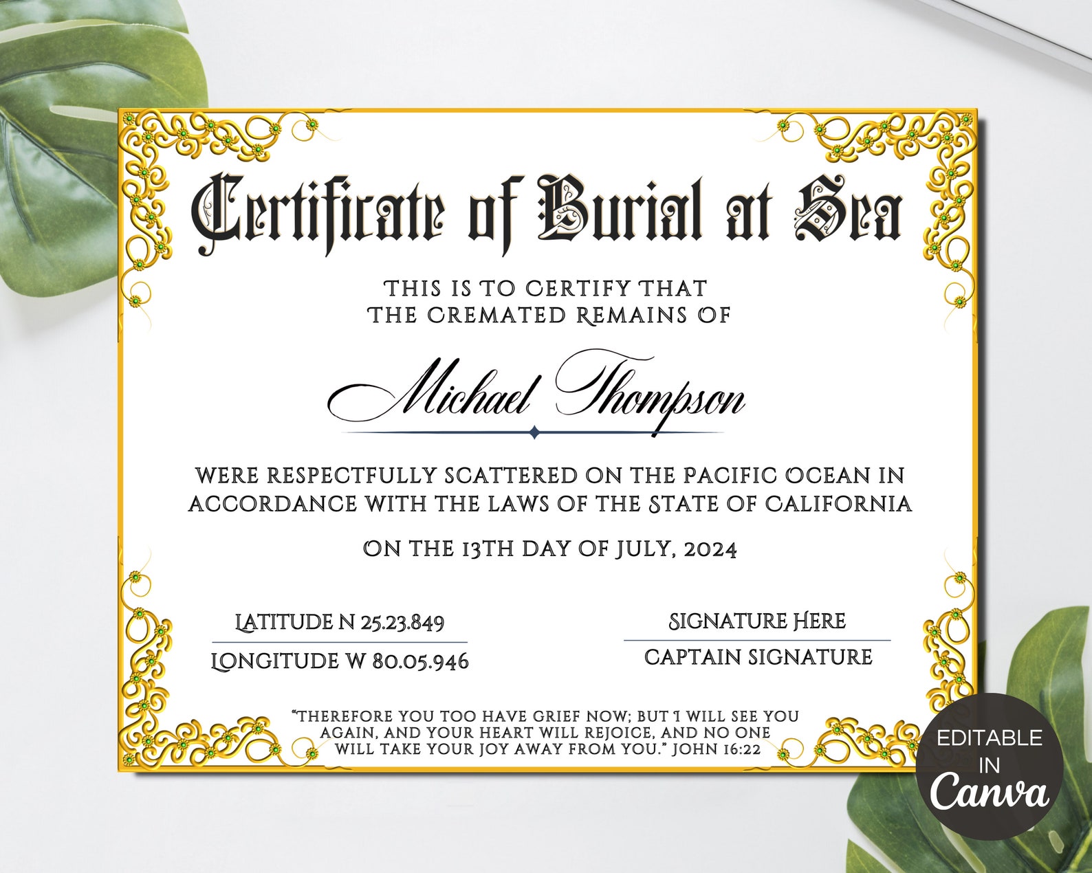Editable Certificate of Burial at Sea Template, Printable Sea ...