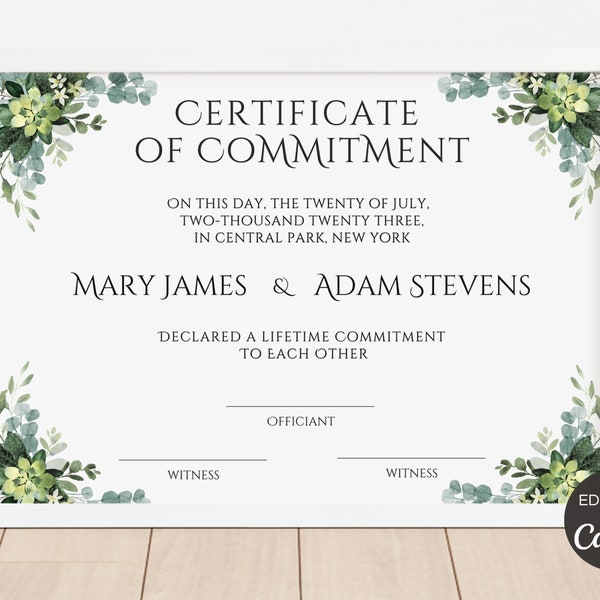 Commitment Ceremony Certificate Template - Etsy