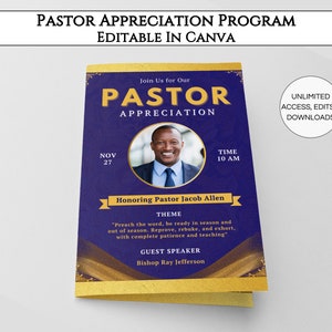 Pastor Appreciation Program Template, Editable Pastor Installation ...