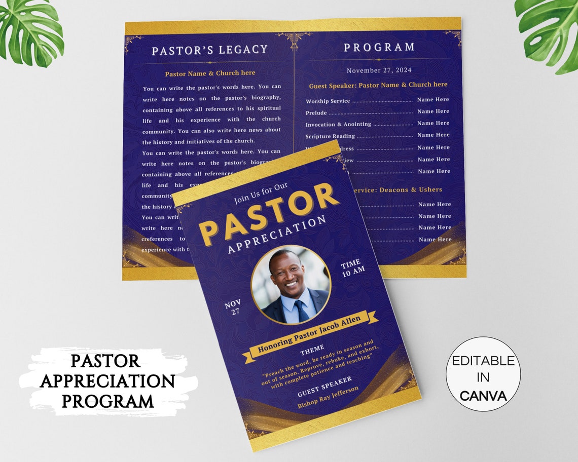 Pastor Appreciation Program Template, Editable Pastor Installation ...