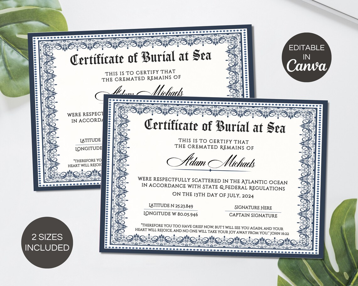 Certificate of Burial at Sea Template, Editable Burial at Sea ...