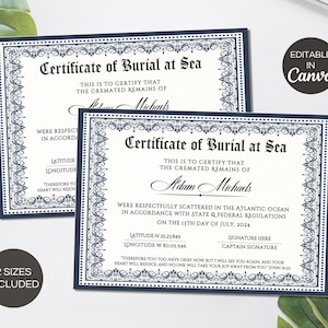 Certificate of Burial at Sea Template, Editable Burial at Sea ...