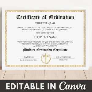 Certificate of Ordination, Editable Ministry Certificate, Printable ...
