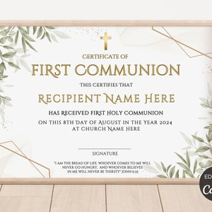 First Communion Certificate Template, Editable First Holy Communion ...
