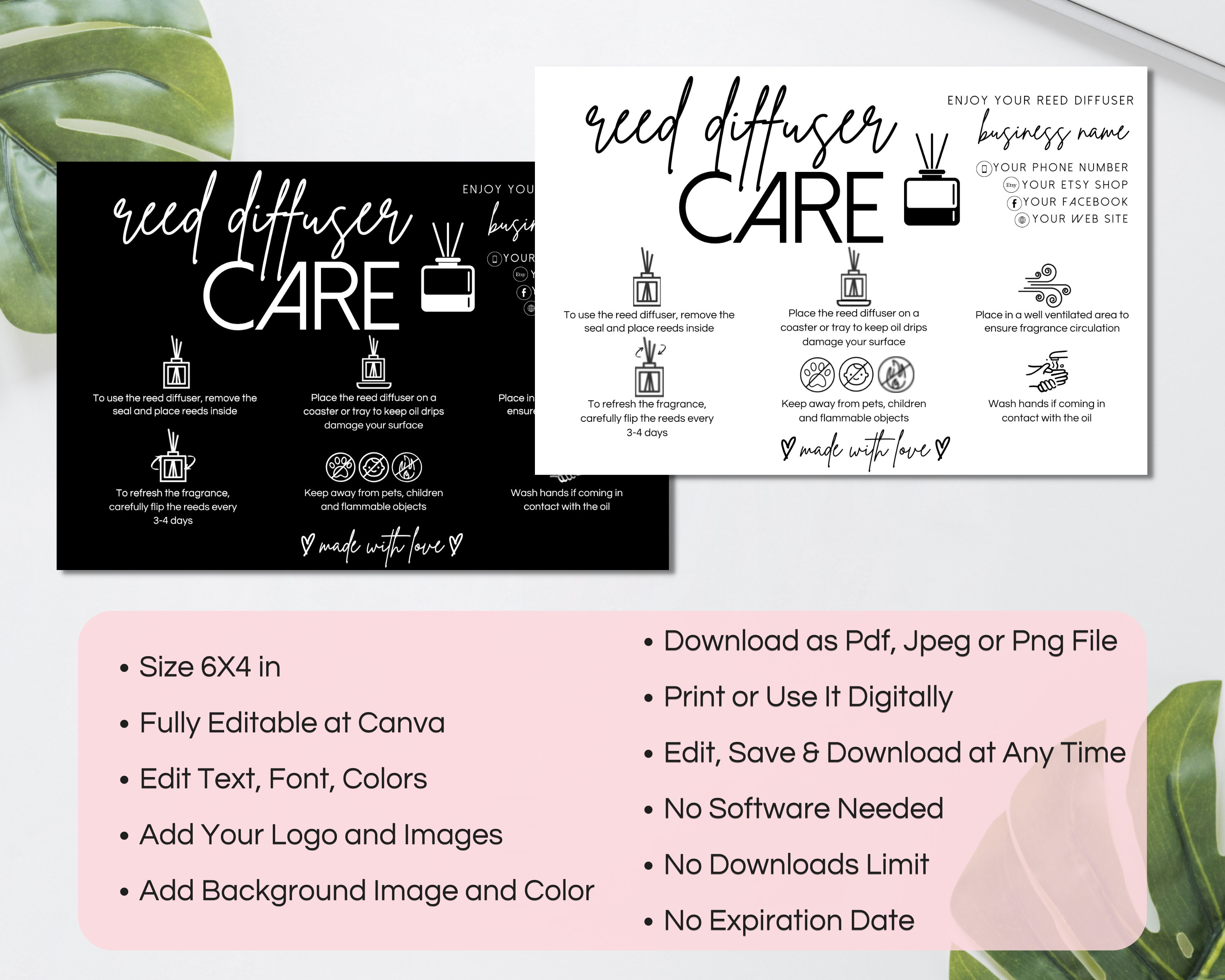 Reed Diffuser Care Card Template Editable Reed Diffuser Care - Etsy