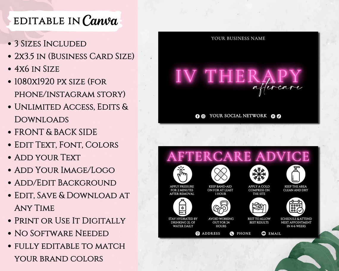 IV Therapy Aftercare Card, Printable Drip Care Instructions Cards ...