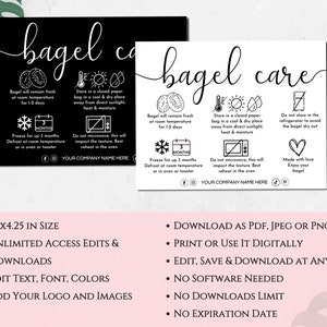 Bagel Care Card Template, Editable Bagel Care Instructions, Printable ...